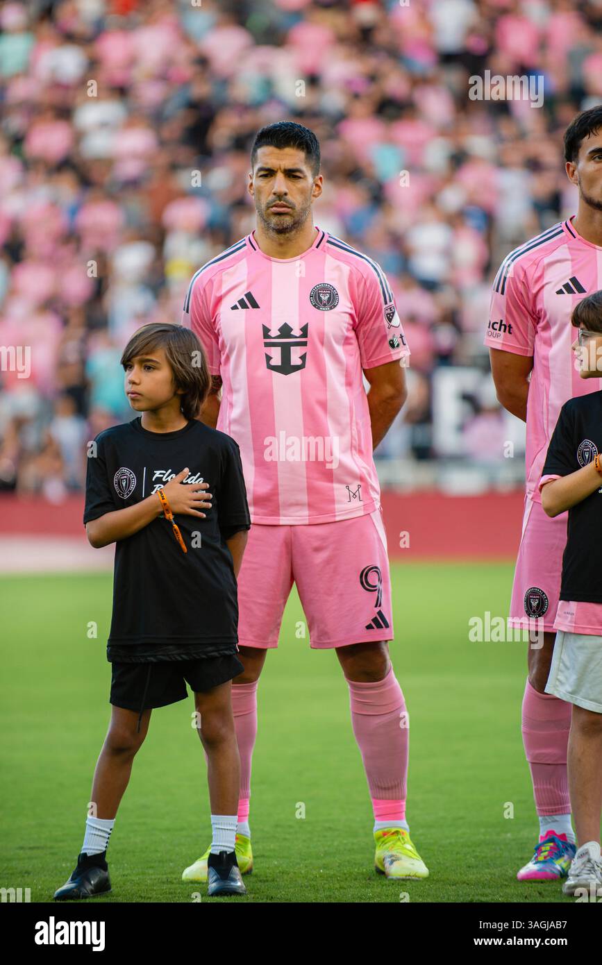 Fort Lauderdale, Florida; USA. Inter Miami's striker Luis Suarez stands ...