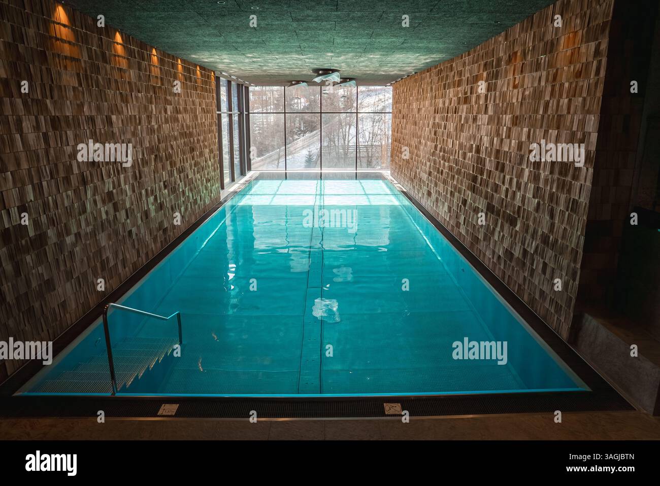 Indoor Pool with Alpine View in Luxury Hotel, Italian Alps Stock Photo ...