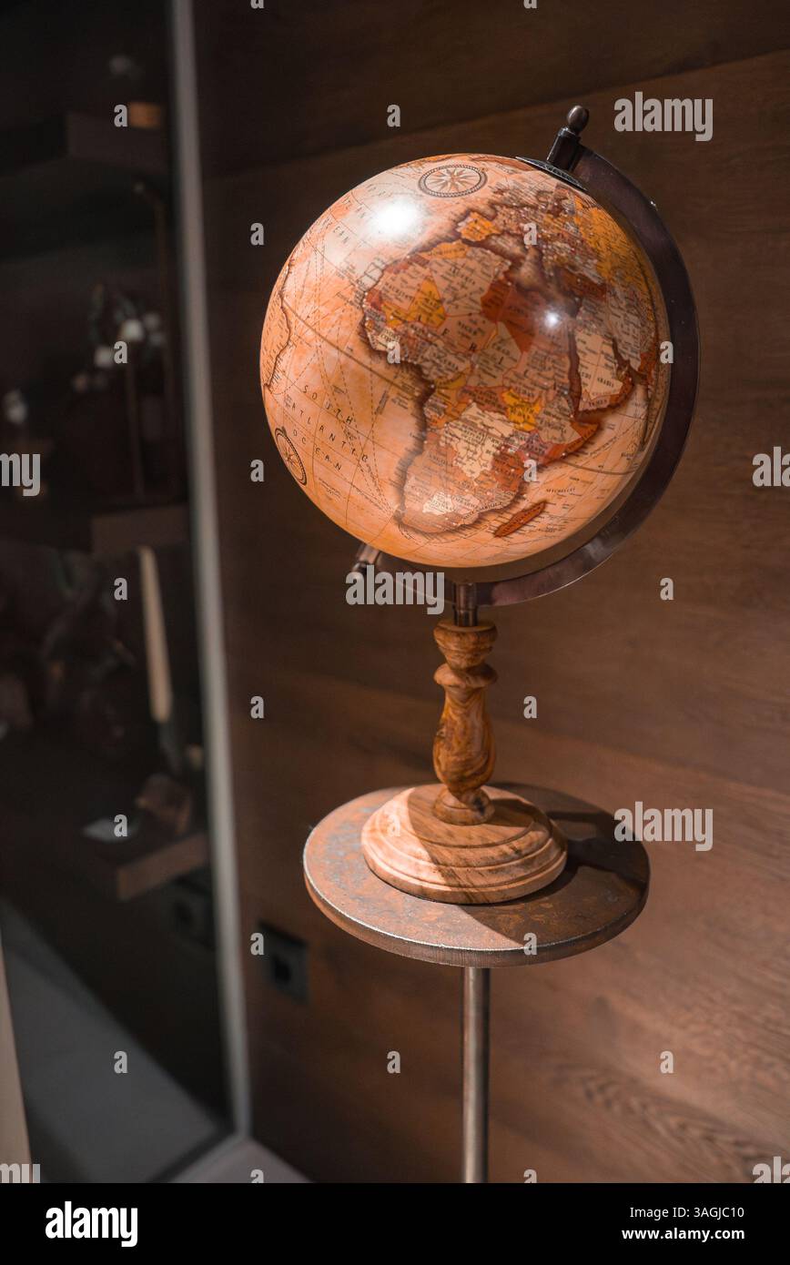 Vintage Globe with Antique Map Design on Wooden Base and Stand Stock ...