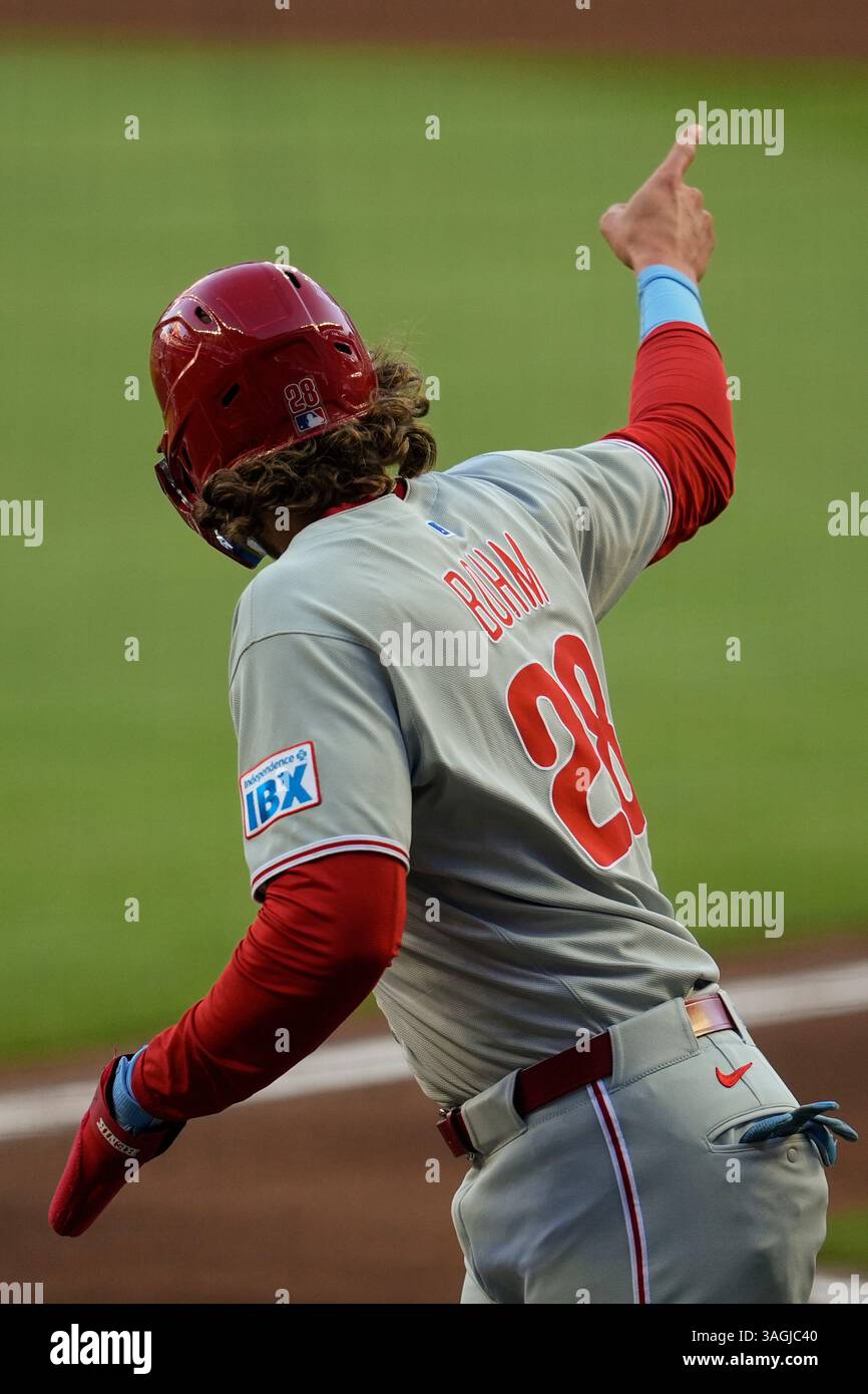 Philadelphia Phillies third baseman Alec Bohm (28) celebrates his score ...