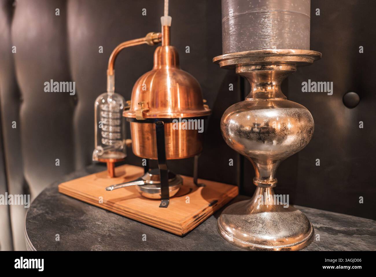 Copper Distillation Apparatus with Metallic Decor on Wooden Base Stock ...