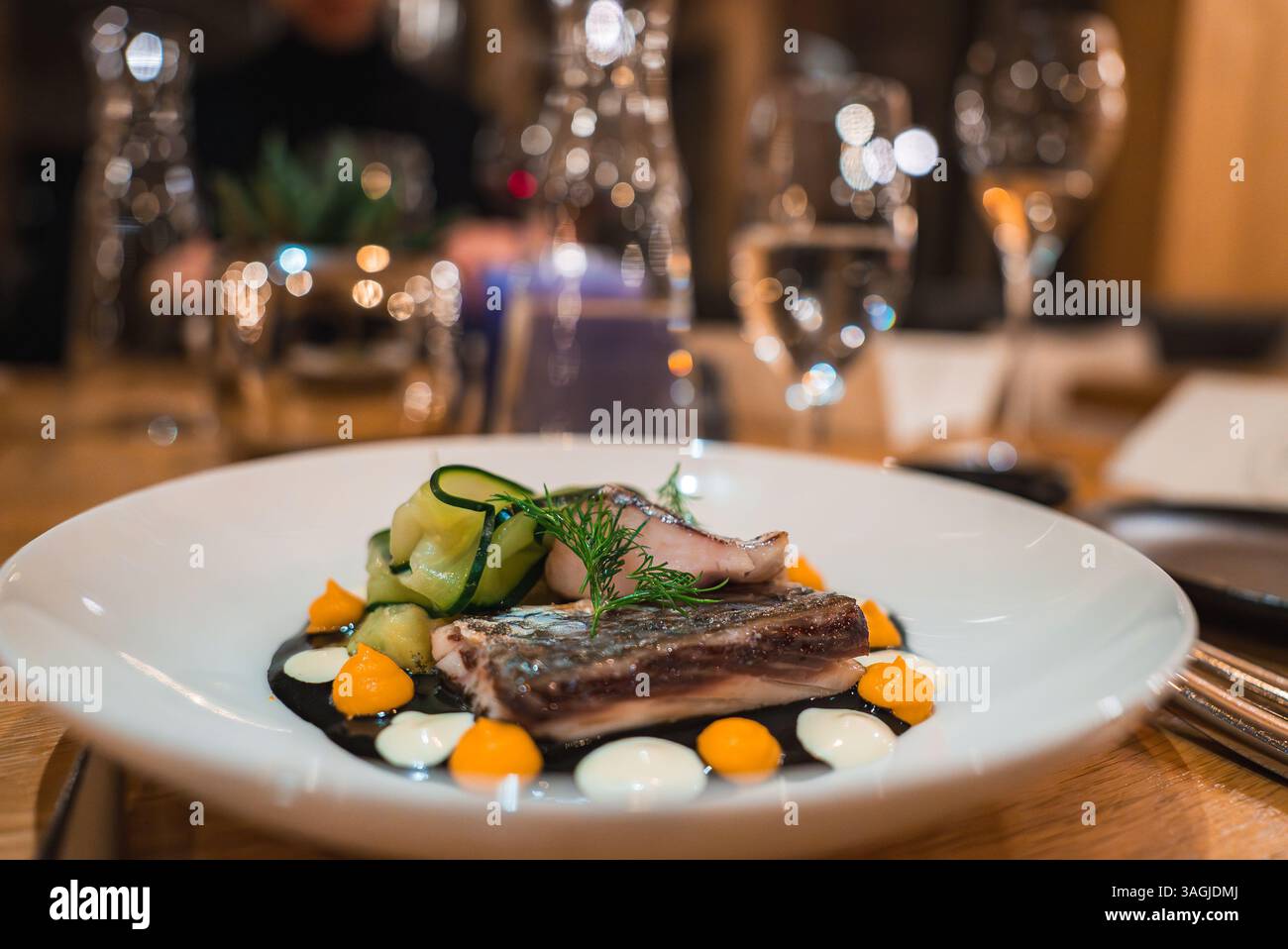 Gourmet Seared Fish Dish with Elegant Plating in Fine Dining Setting ...