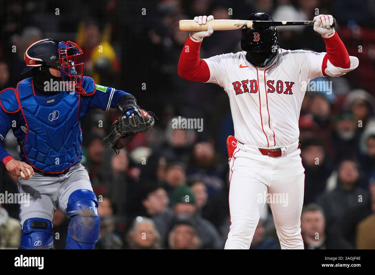 Boston Red Sox' Romy Gonzalez, right, reacts after striking out against ...