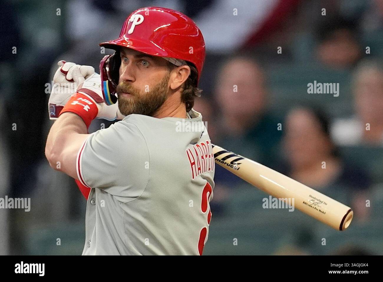 Philadelphia Phillies' Bryce Harper (3) hits a single against the ...