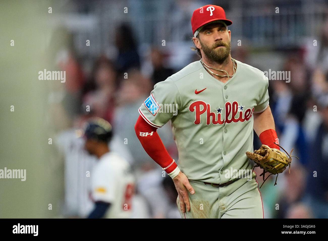 Philadelphia Phillies first baseman Bryce Harper (3) moves to the ...