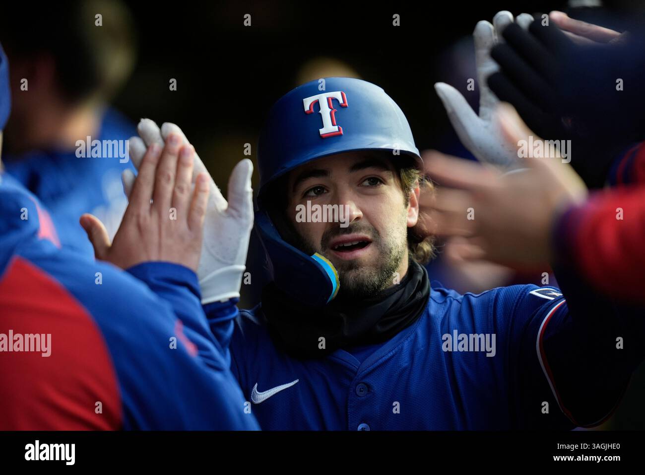 Texas Rangers' Josh Smith (8) celebrates after scoring on a single from ...
