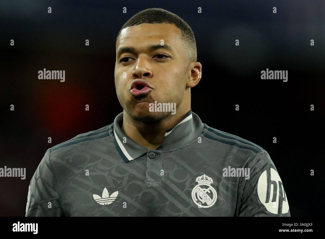 Kylian Mbappé of Real Madrid reacts during the UEFA Champions League ...