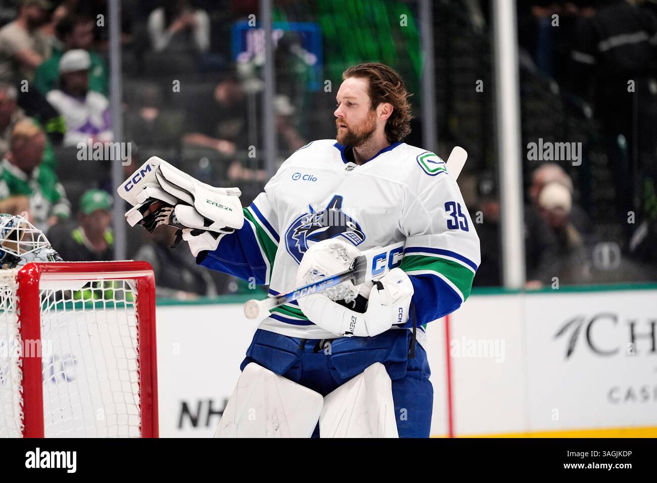 Vancouver Canucks goaltender Thatcher Demko stands by the net in the ...