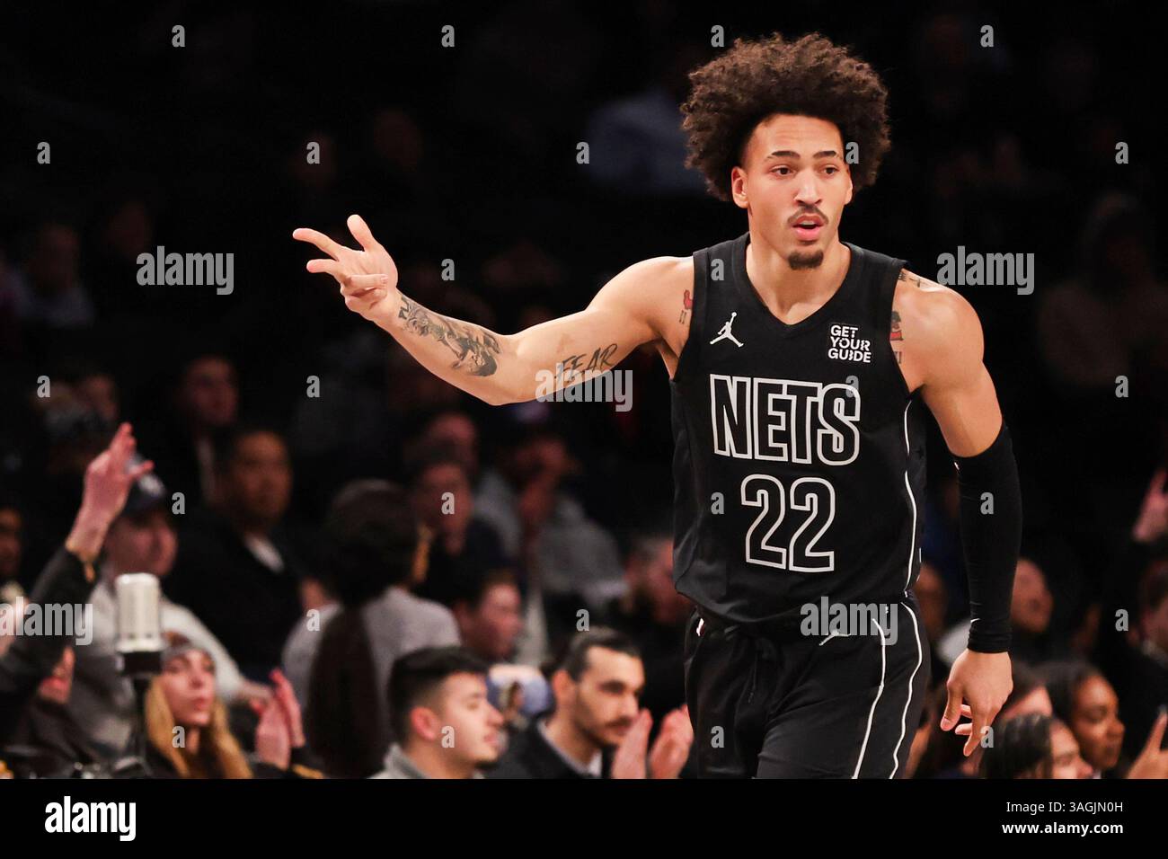 Brooklyn Nets forward Jalen Wilson (22) gestures after making a three ...