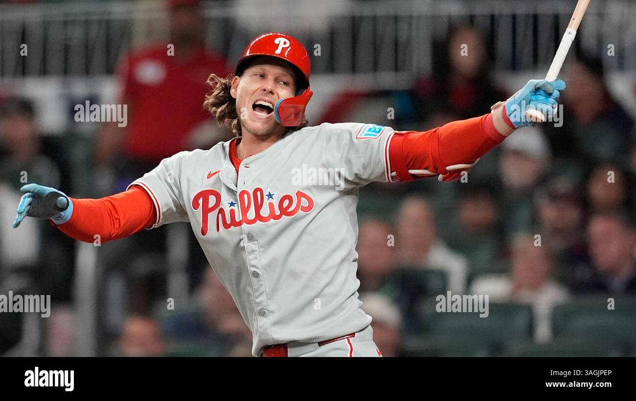 Philadelphia Phillies' Alec Bohm (28) reacts to striking out in the ...