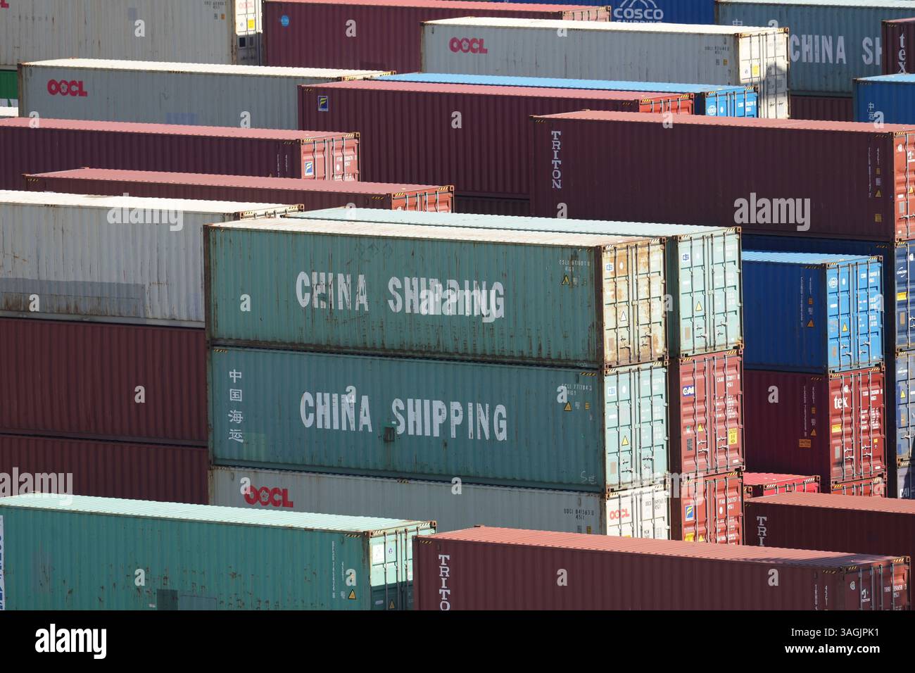 China Shipping containers sit stacked up at the Long Beach Container ...