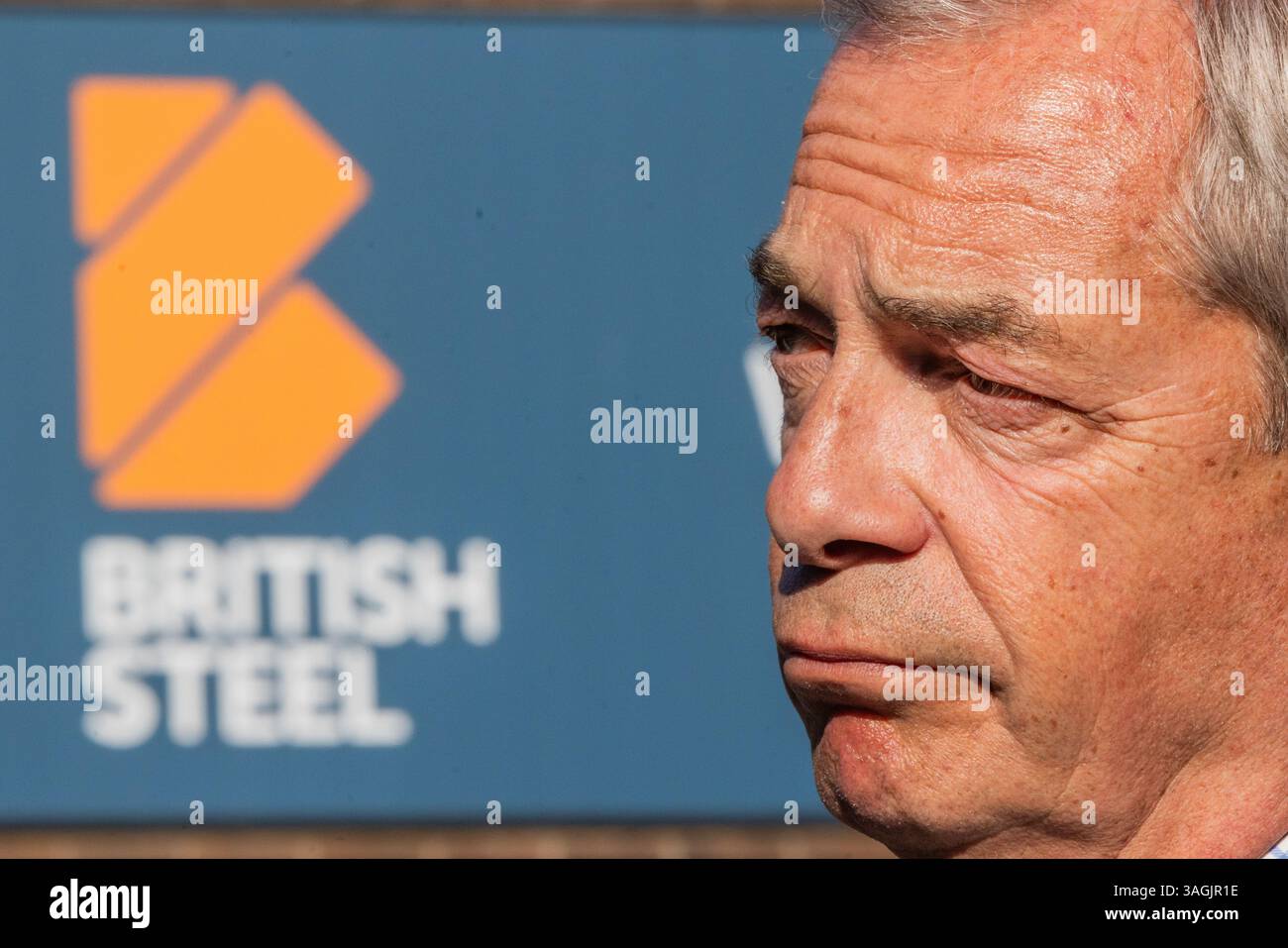 Scunthorpe, UK. 08 APR, 2025. Close up as Nigel Farage, leader of ...