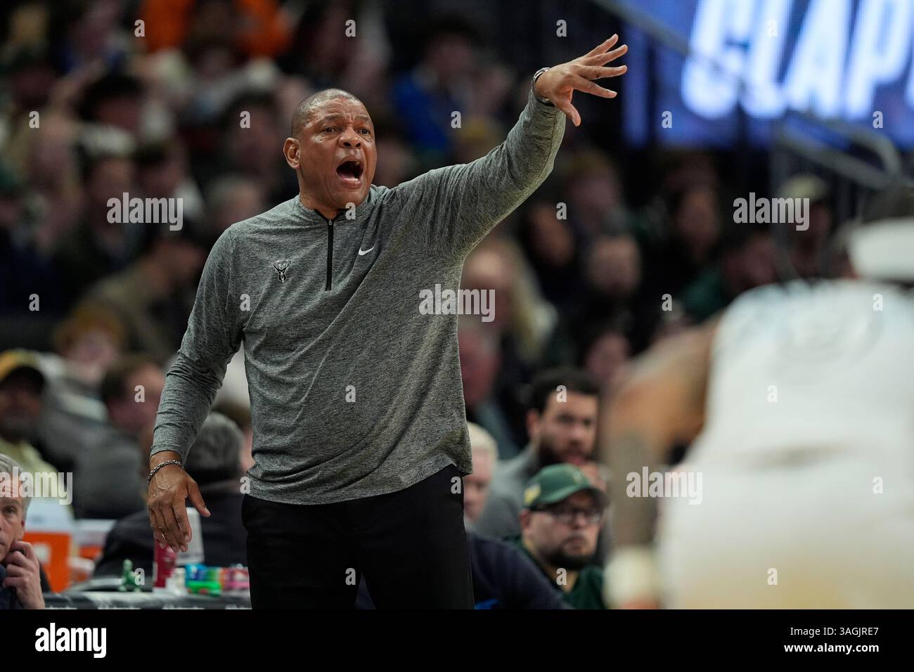Milwaukee Bucks head coach Doc Rivers gestures from the sidelines ...