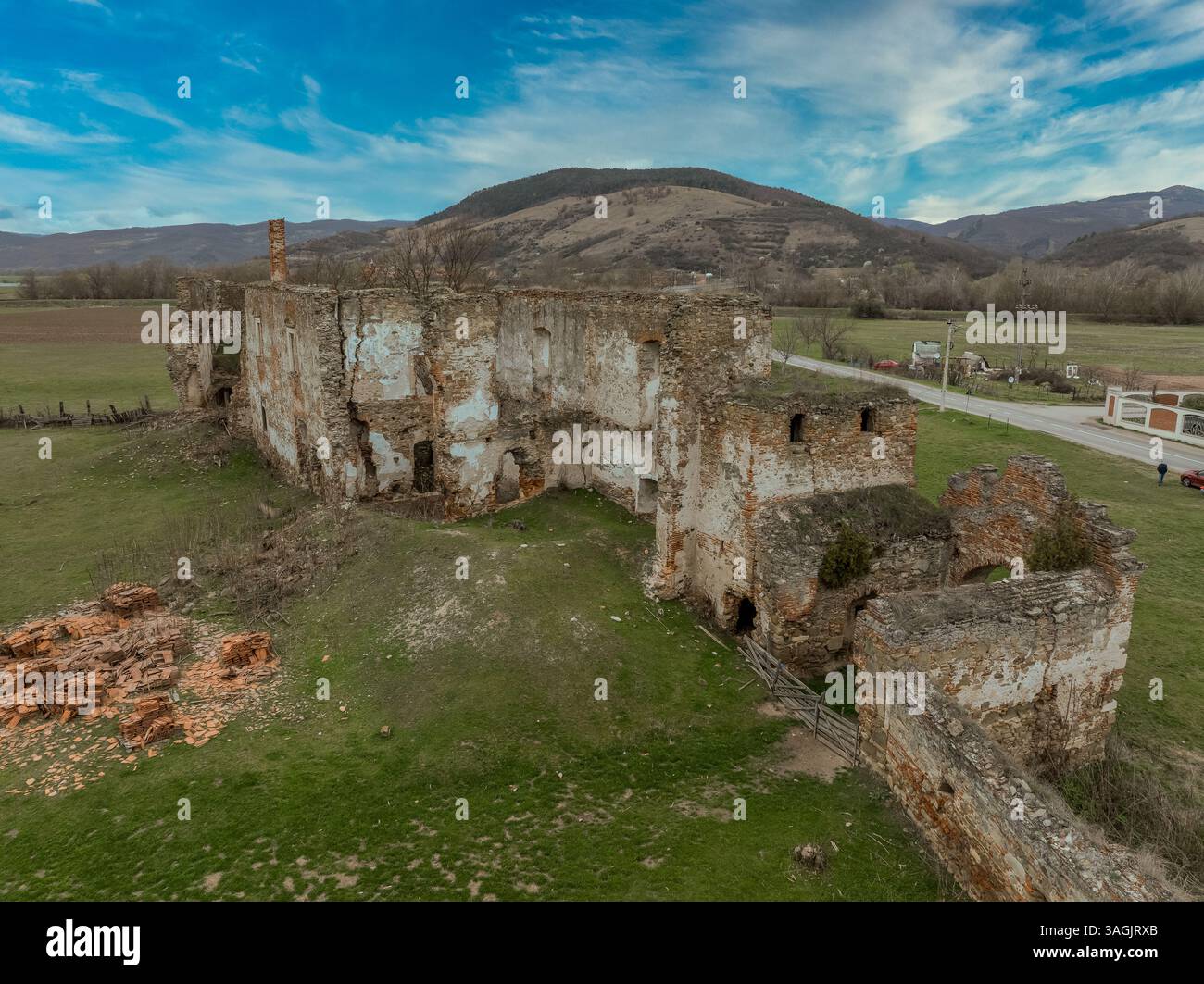 Aerial view of Alvinc Martinuzzi Castle ruin in Vintu de Jos ...