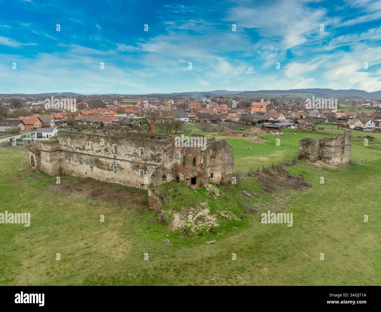 Aerial view of Alvinc Martinuzzi Castle ruin in Vintu de Jos ...