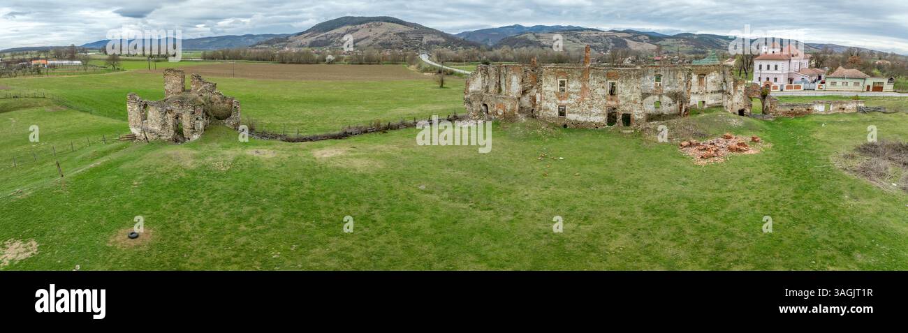 Aerial view of Alvinc Martinuzzi Castle ruin in Vintu de Jos ...