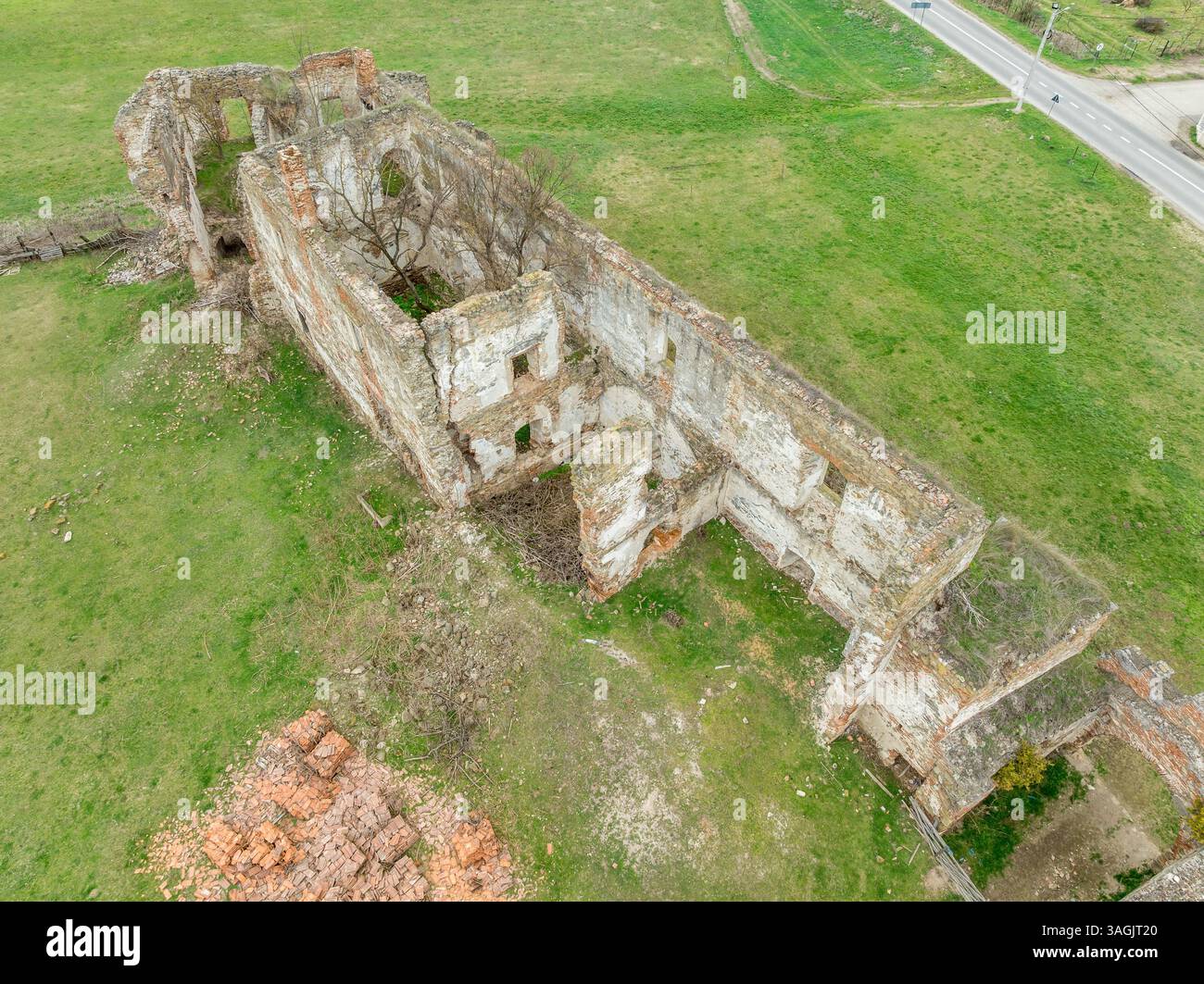 Aerial view of Alvinc Martinuzzi Castle ruin in Vintu de Jos ...