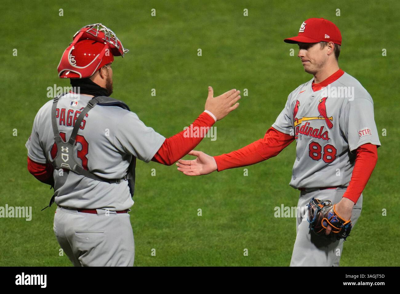 St. Louis Cardinals pitcher Phil Maton (88) celebrates with catcher ...