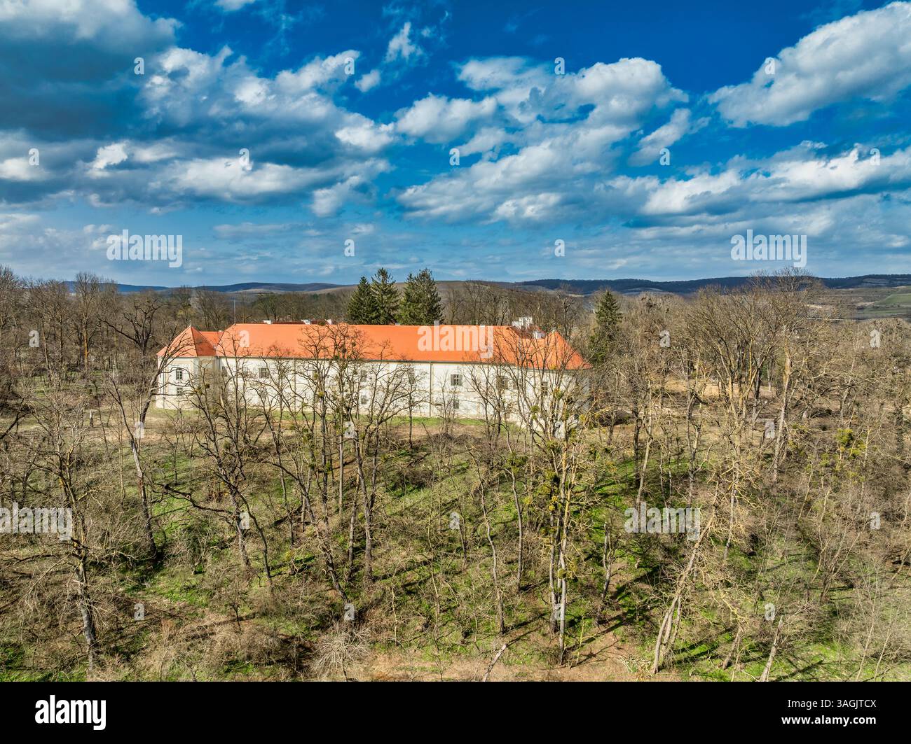 Aerial view of Gilau castle Gyalu on top of a hill near Cluj, newly ...