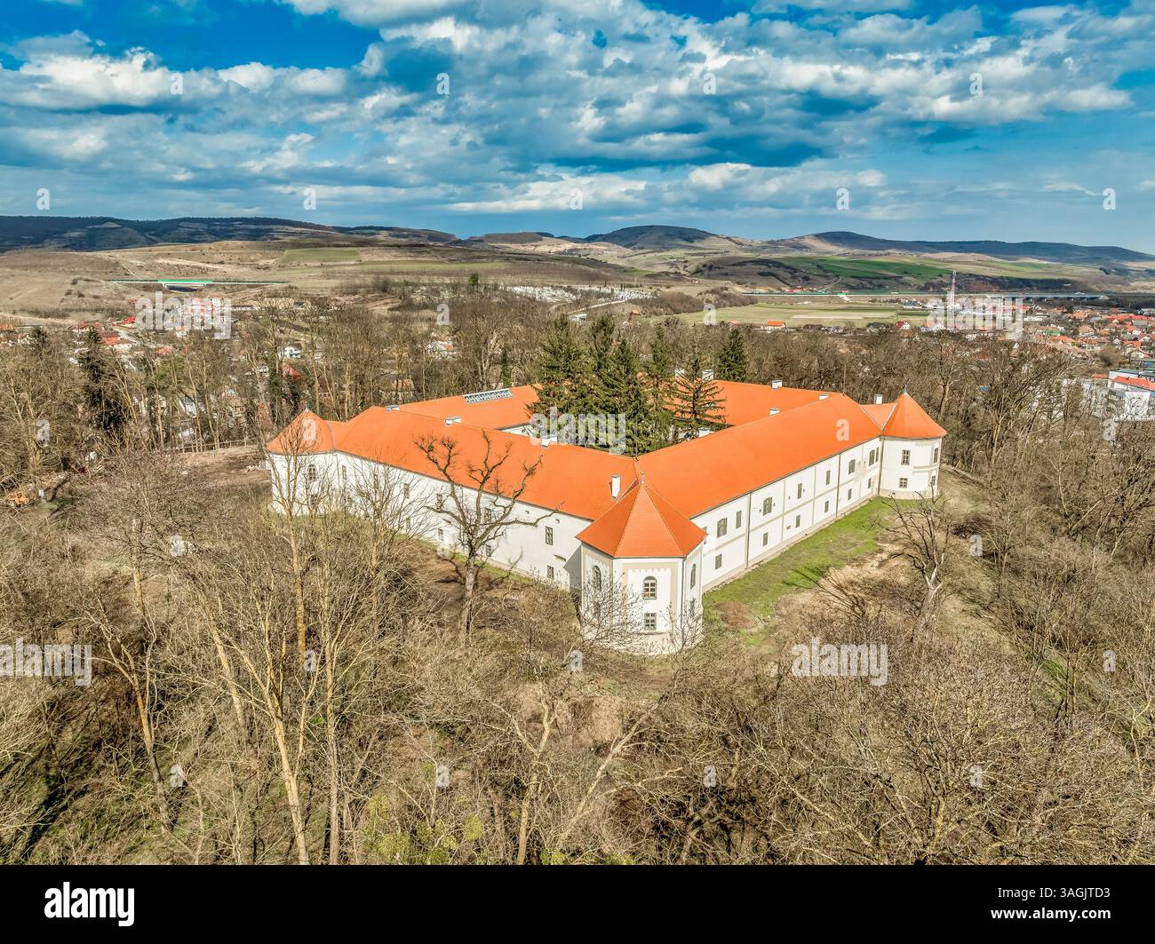 Aerial view of Gilau castle Gyalu on top of a hill near Cluj, newly ...