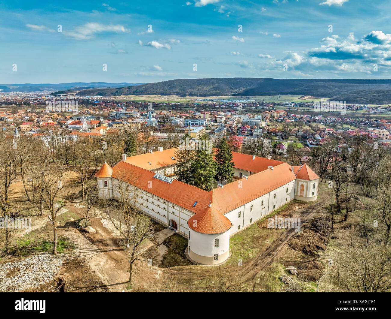 Aerial view of Gilau castle Gyalu on top of a hill near Cluj, newly ...