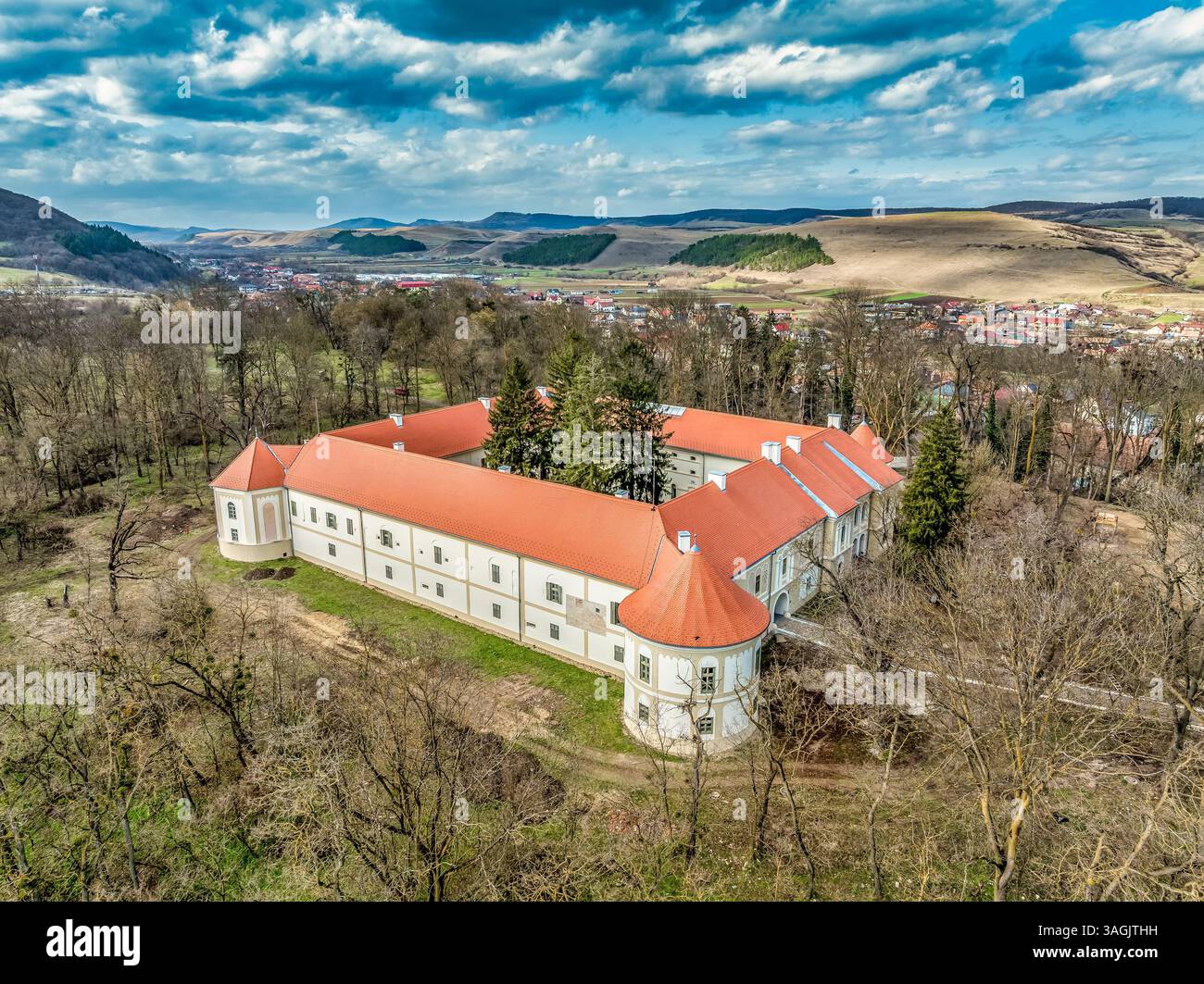 Aerial view of Gilau castle Gyalu on top of a hill near Cluj, newly ...