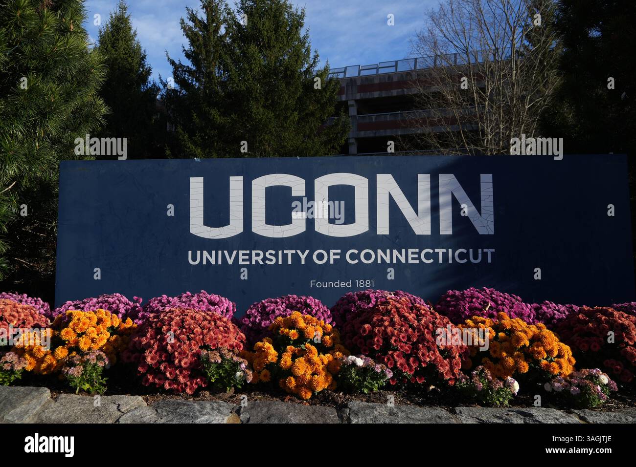 A UConn sign at the entrance to the University of Connecticut, Sunday ...
