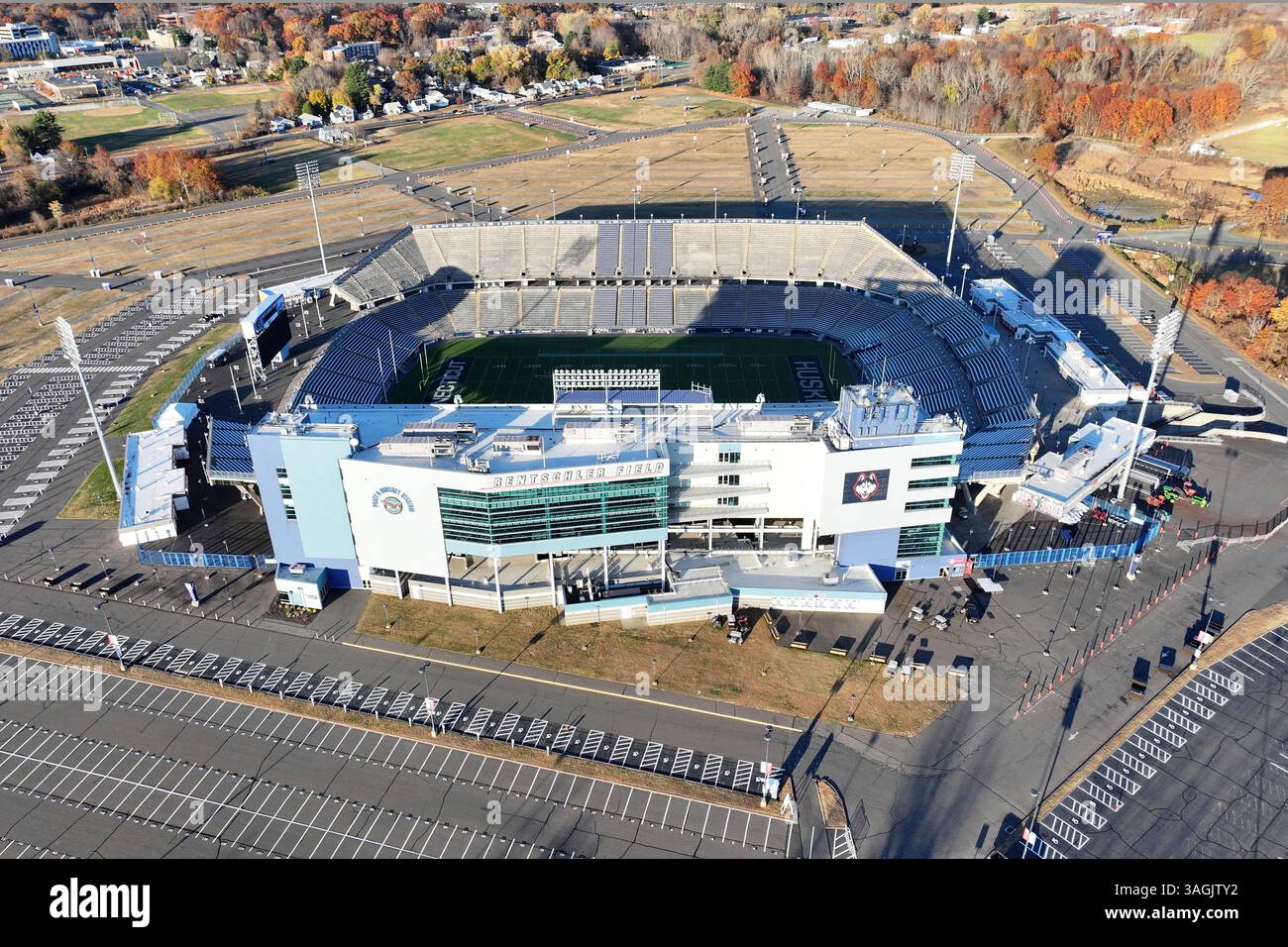 A general overall aerial view of Pratt & Whitney Stadium at Rentschler ...