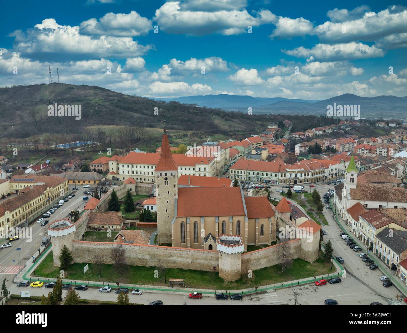 Aerial view of Aiud Nagyenyed fortified protestant church in Romania ...