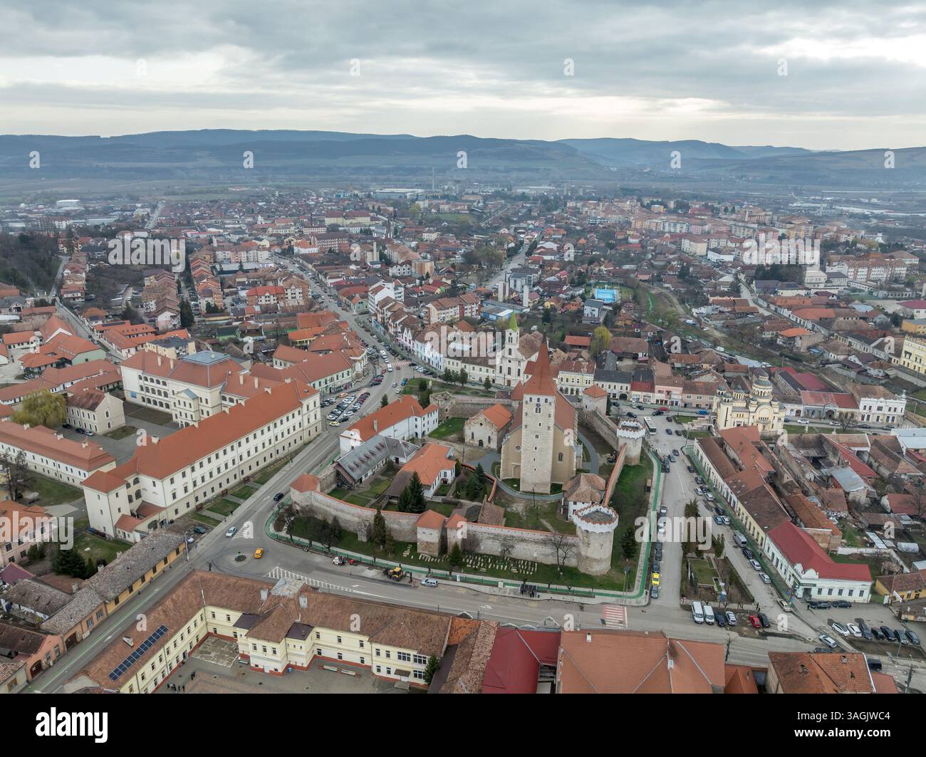 Aerial view of Aiud Nagyenyed fortified protestant church in Romania ...