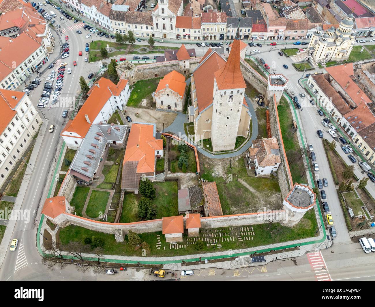 Aerial view of Aiud Nagyenyed fortified protestant church in Romania ...