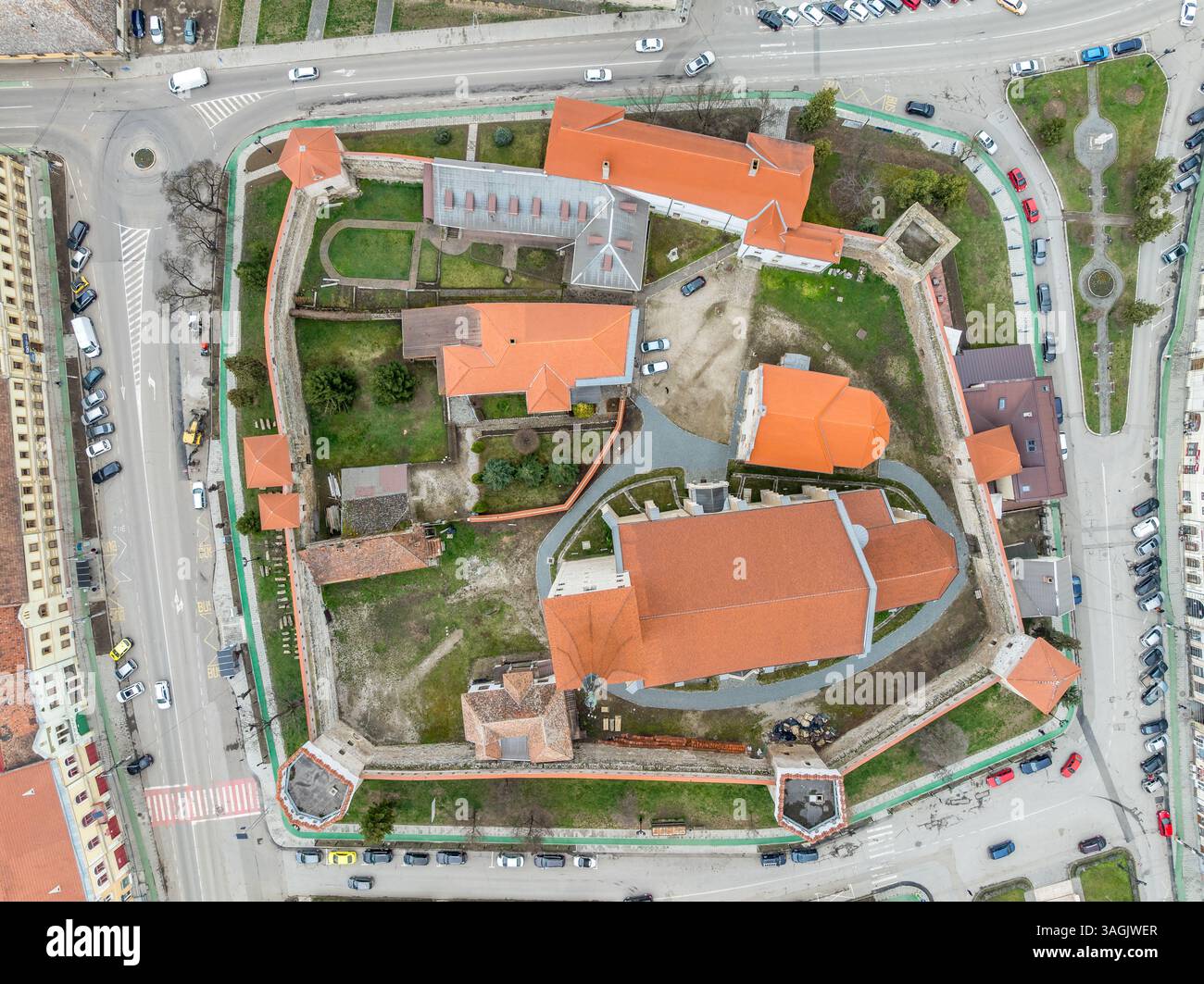 Aerial view of Aiud Nagyenyed fortified protestant church in Romania ...