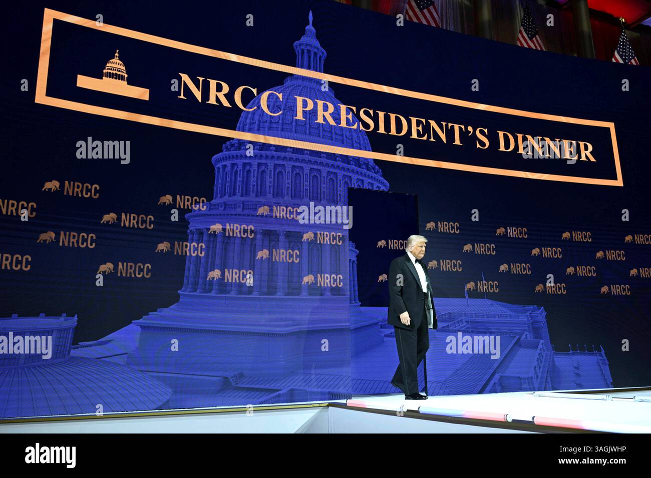 President Donald Trump arrives to speak at the National Republican ...