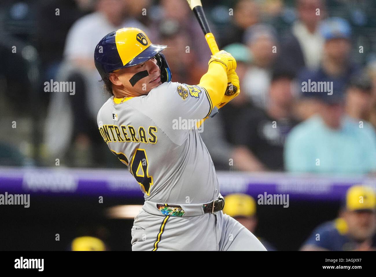 Milwaukee Brewers' William Contreras follows the flight of his RBI ...