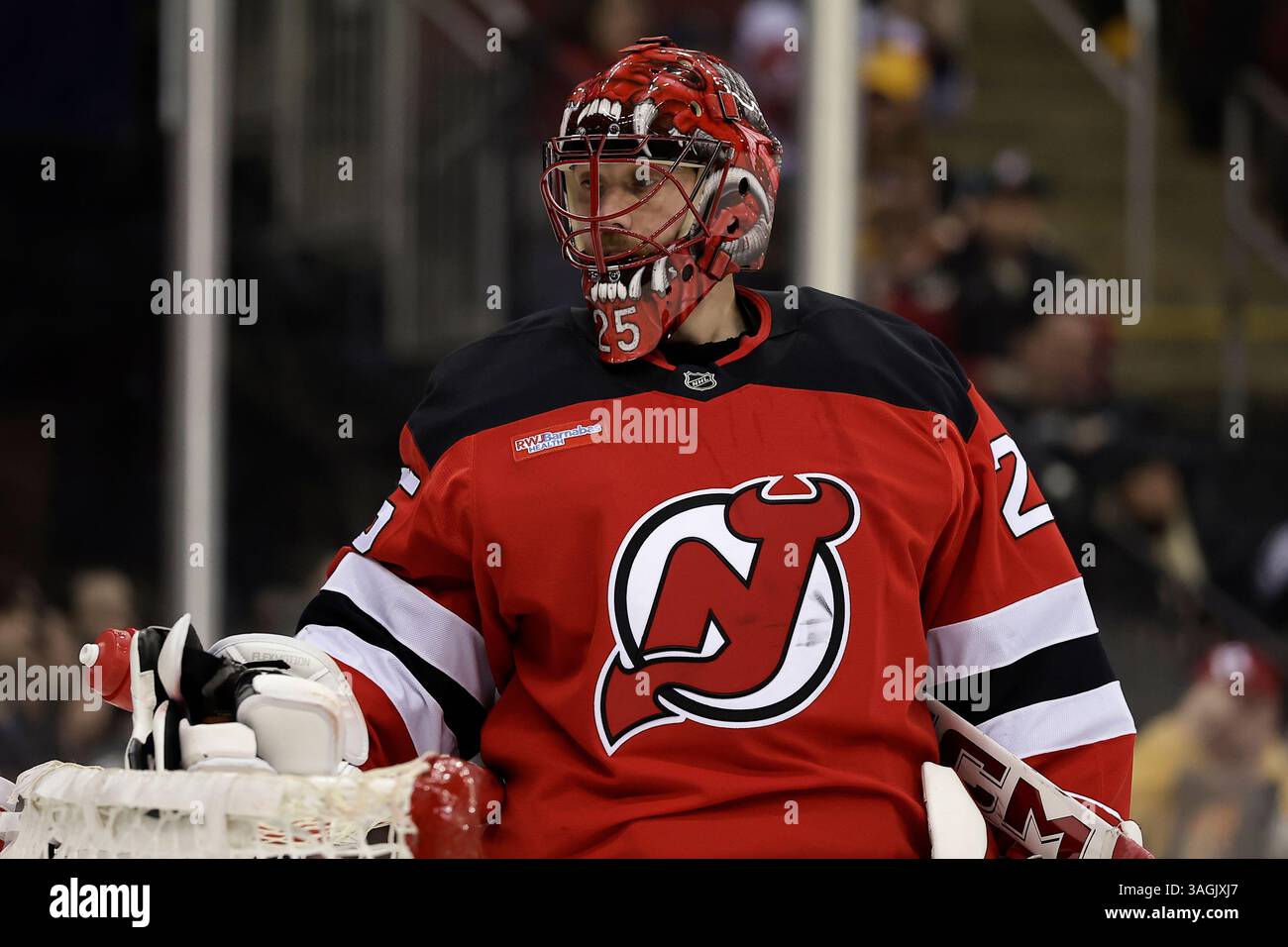 New Jersey Devils goaltender Jacob Markstrom reacts in the first period ...