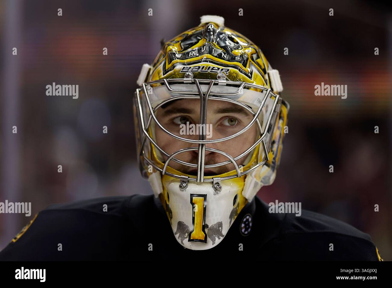 Boston Bruins goaltender Jeremy Swayman (1) reacts in the second period ...