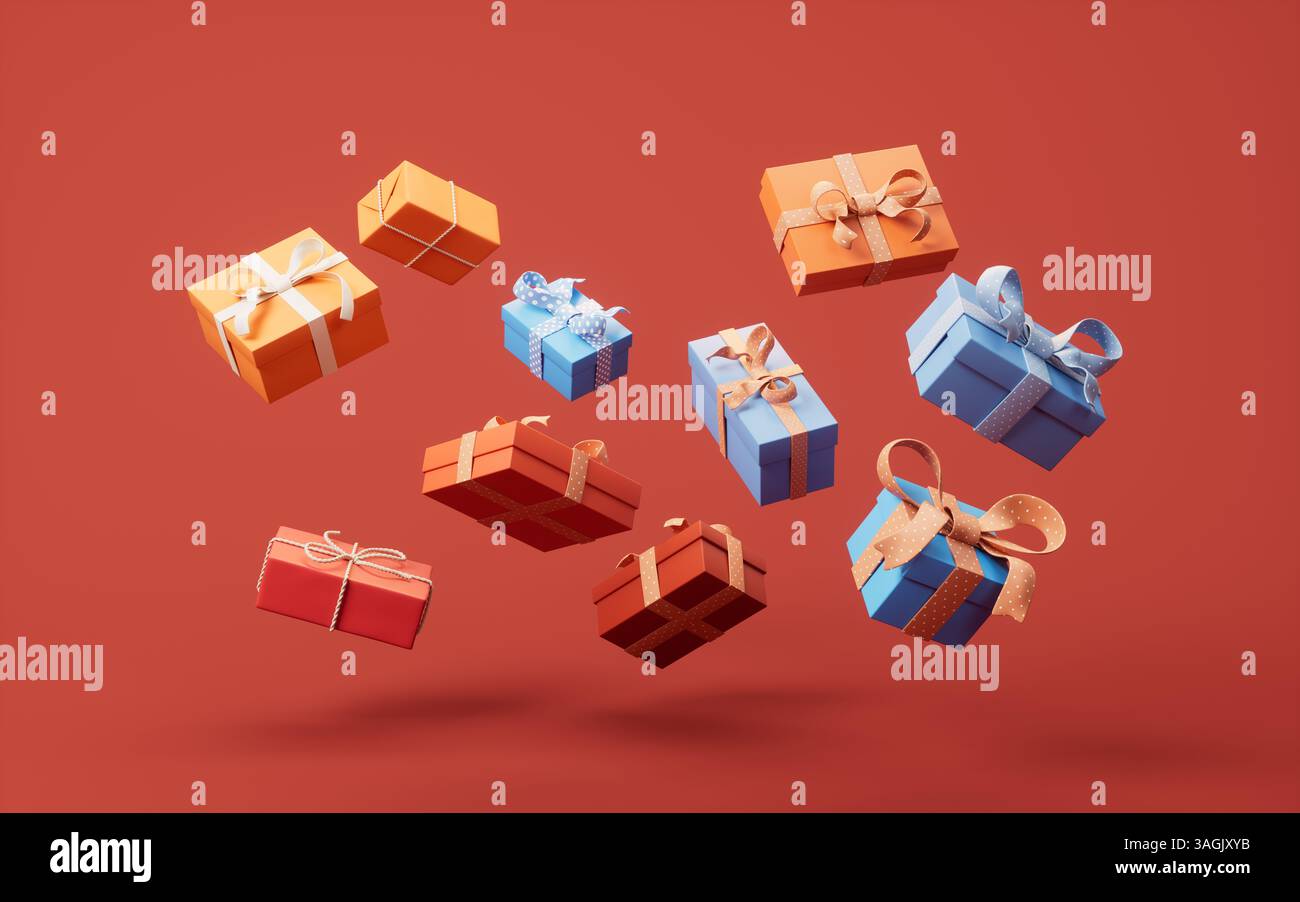 Cartoon style gift boxes with red background, 3d rendering. 3D ...