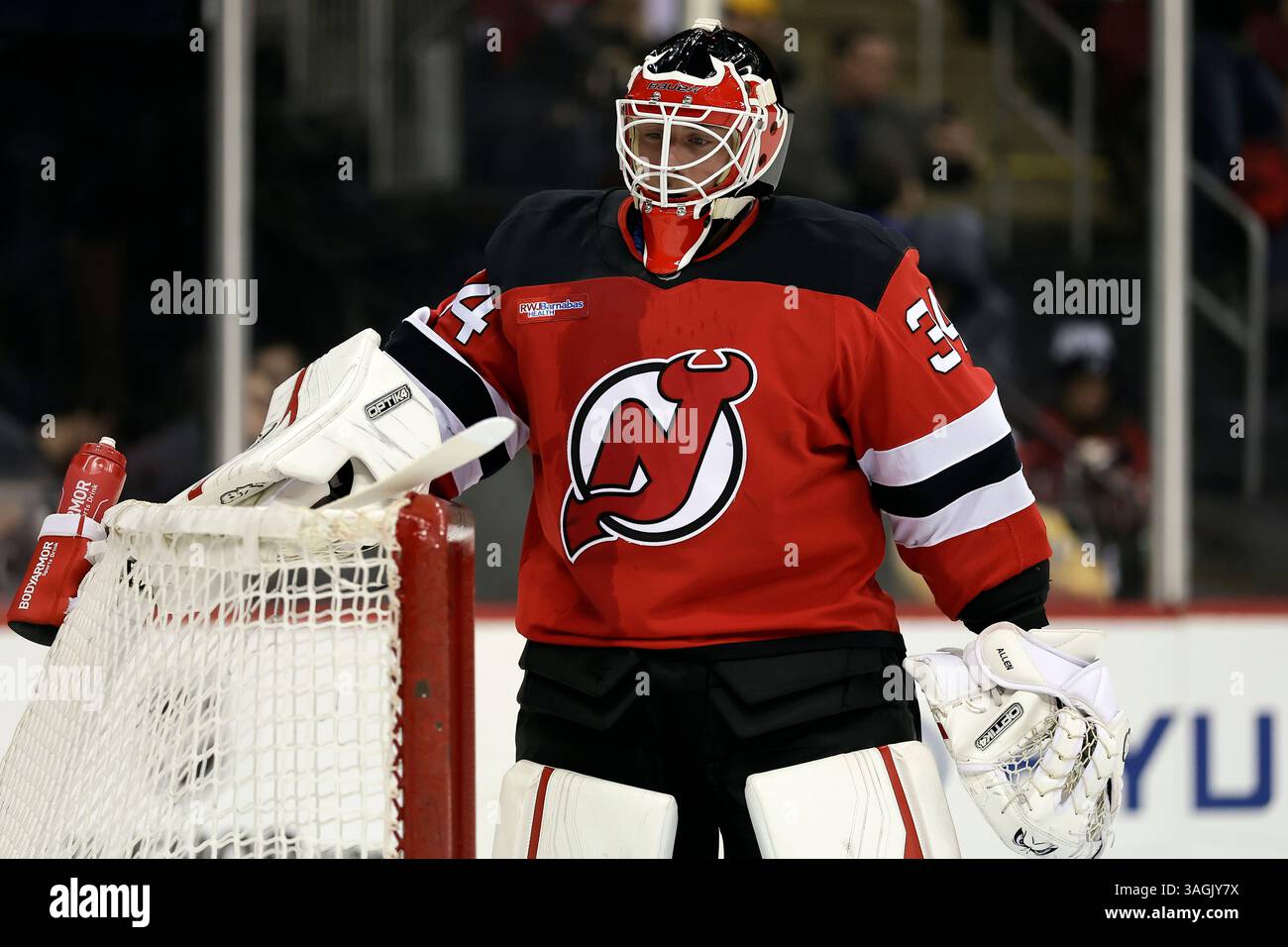 New Jersey Devils goaltender Jake Allen (34) reacts in the third period ...