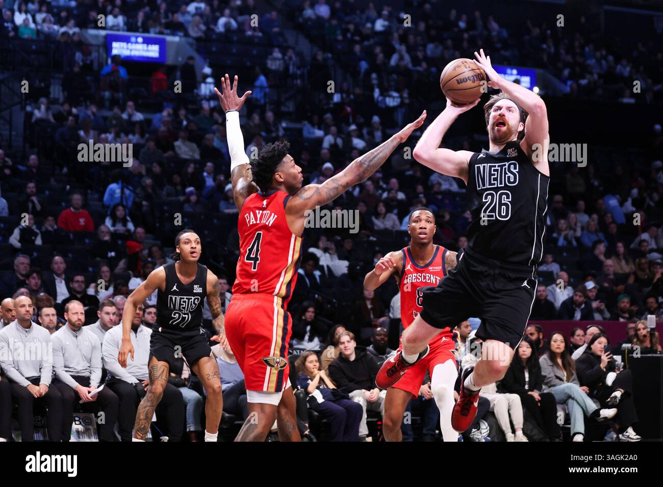 Brooklyn Nets forward Drew Timme (26) shoots the ball past New Orleans ...