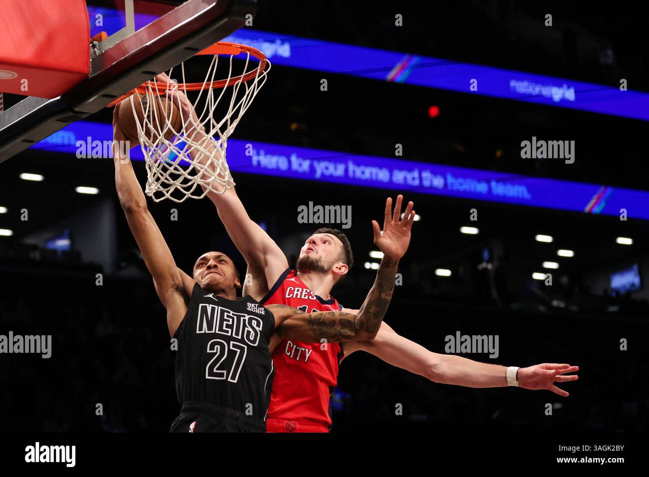 New Orleans Pelicans center Karlo Matkovic blocks a shot by Brooklyn ...