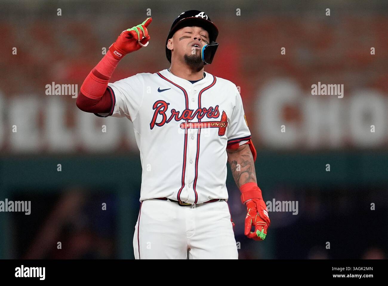 Atlanta Braves' Orlando Arcia celebrates his double against the ...