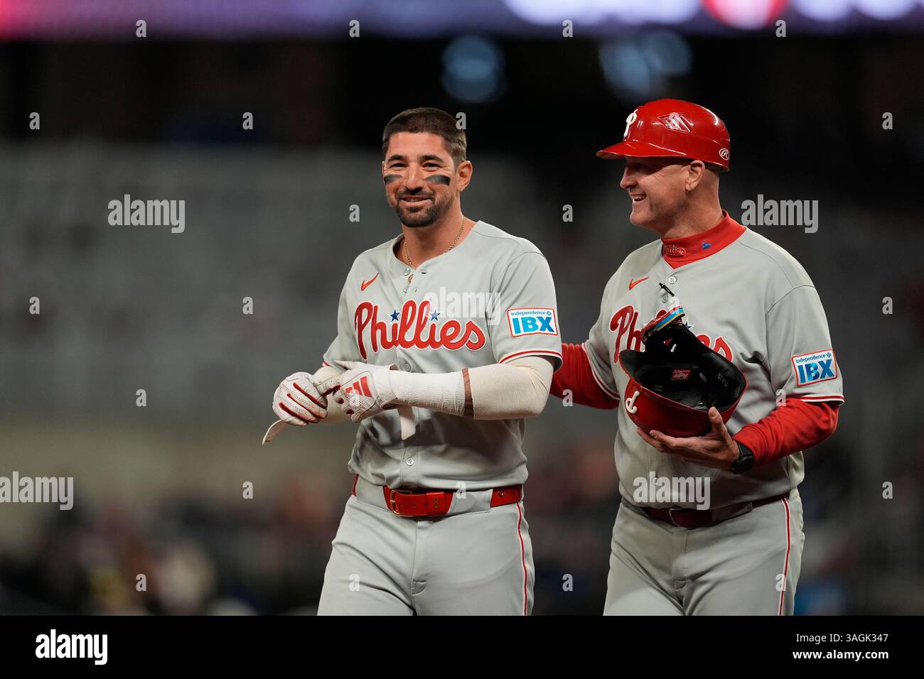 Philadelphia Phillies outfielder Nick Castellanos (8) speaks with ...