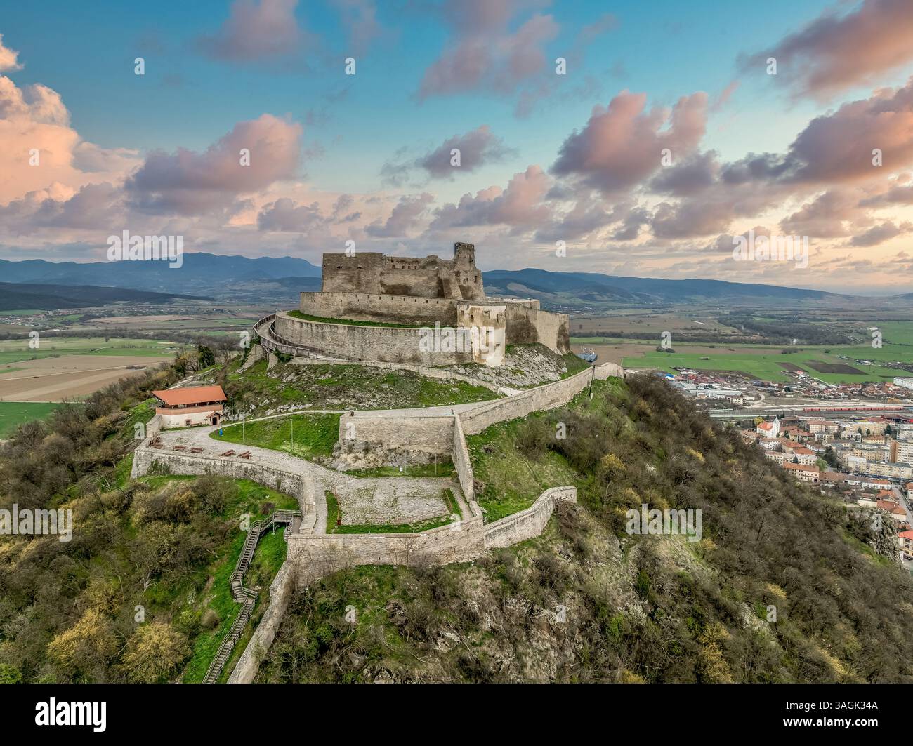 Aerial view of Deva Castle in Romania, partially restored hilltop noble ...