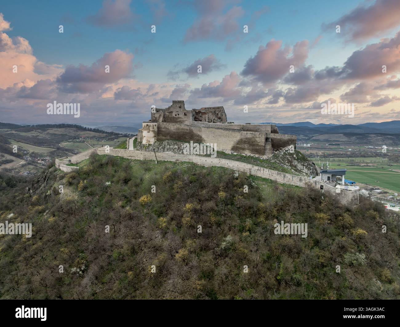 Aerial view of Deva Castle in Romania, partially restored hilltop noble ...