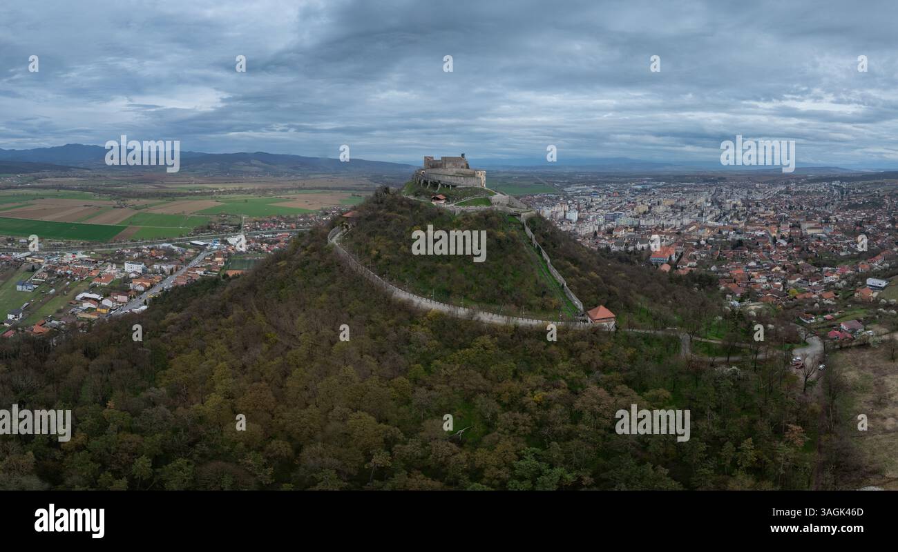 Aerial view of Deva Castle in Romania, partially restored hilltop noble ...