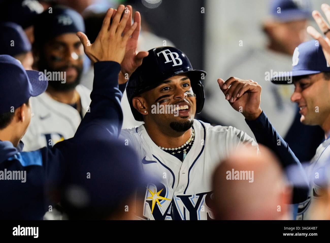 Tampa Bay Rays' Christopher Morel celebrates after scoring on an RBi ...