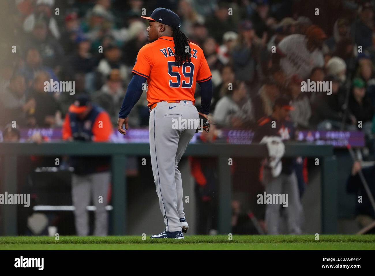 Houston Astros starting pitcher Framber Valdez walks back to the dugout after facing the Seattle ...