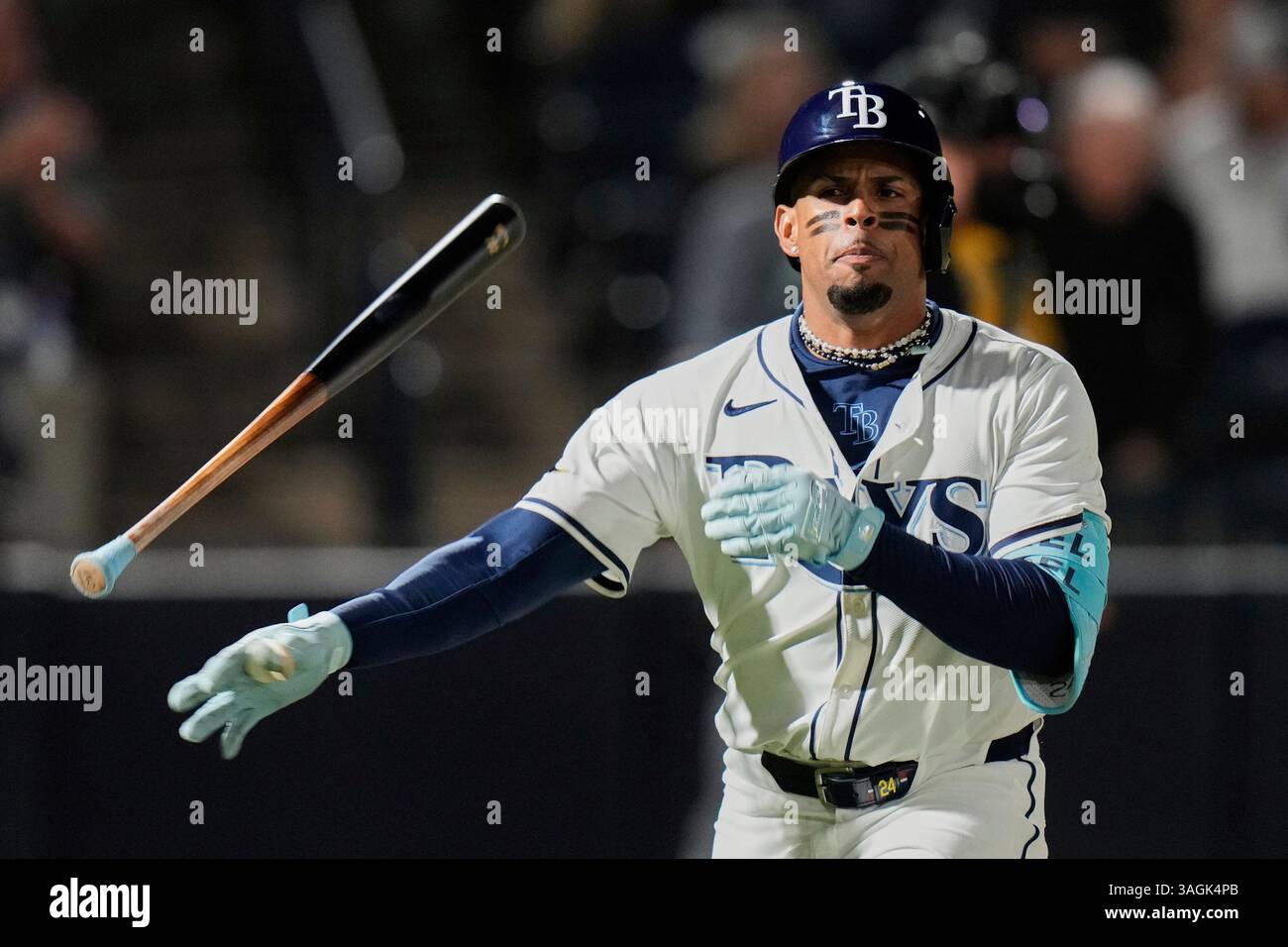 Tampa Bay Rays' Christopher Morel reacts after his RBI double off Los ...