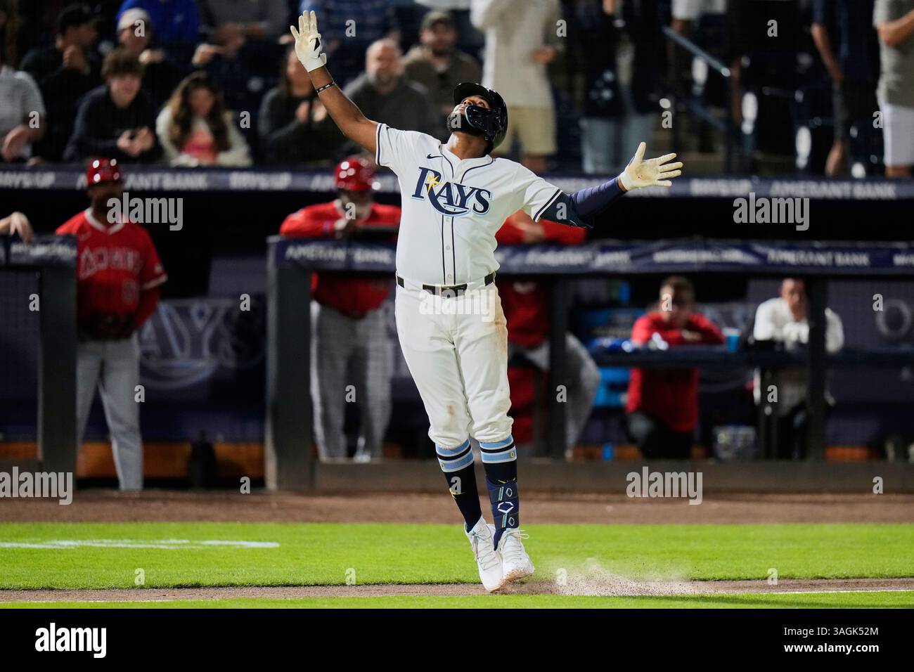 Tampa Bay Rays' Junior Caminero reacts after his solo home run off Los ...
