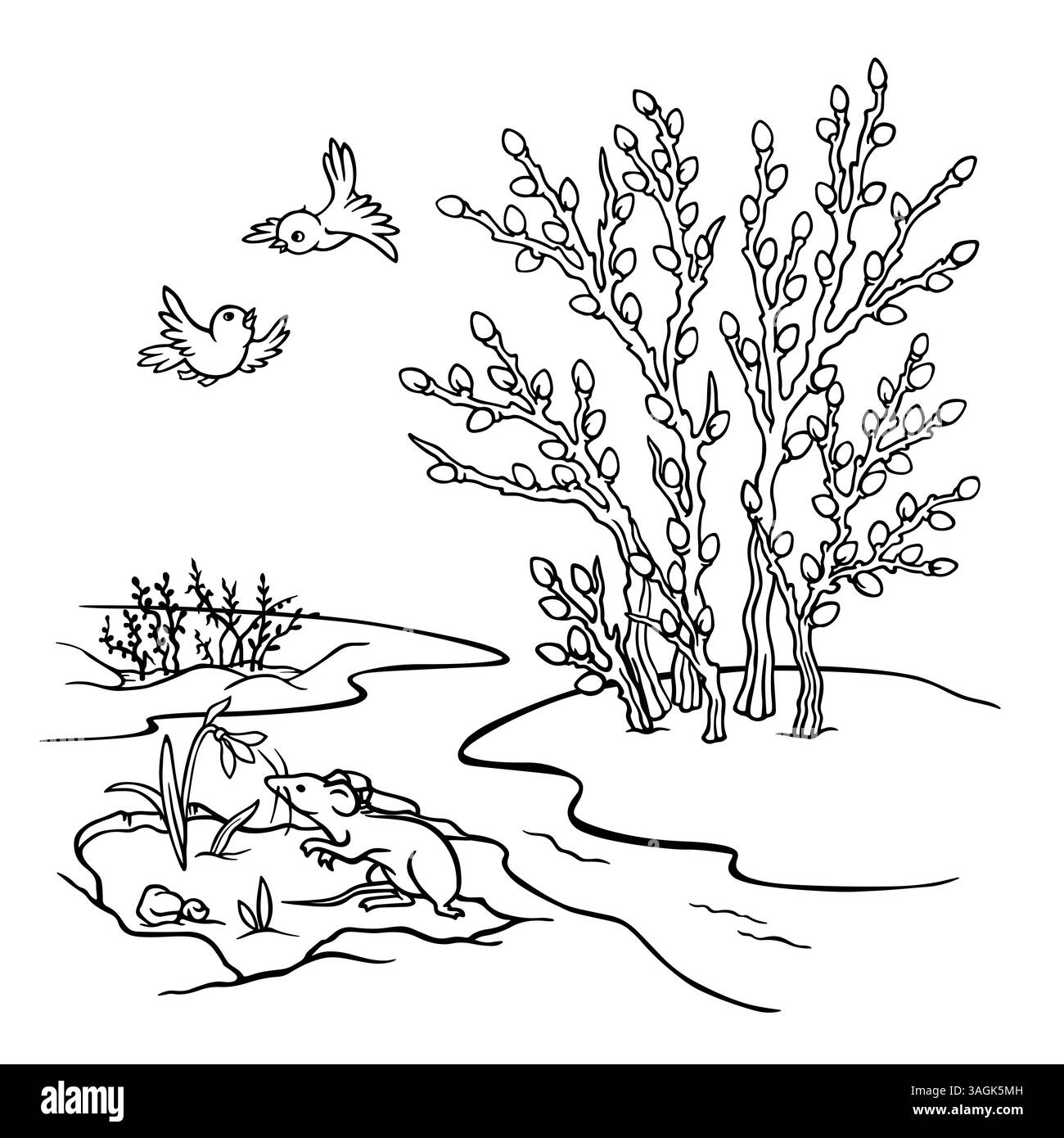 Spring landscape. Outline illustration with melting snow, stream ...